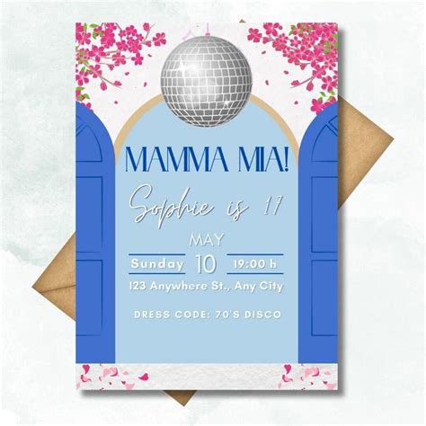 Mamma Mia Invitation Template Birthday Party Disco Ball Blue Pink