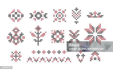 우크라이나어 자수 장식입니다 빨간색과 검은색 자수의 일러스트를 설정합니다 수 놓은 패턴 장식 요소 자수에 대한 스톡 벡터 아트 및 기타 이미지 Istock