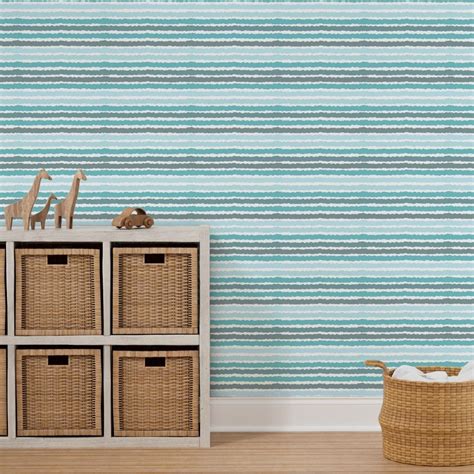 Wiggles Aqua Gray Stripes On White Wallpaper Spoonflower