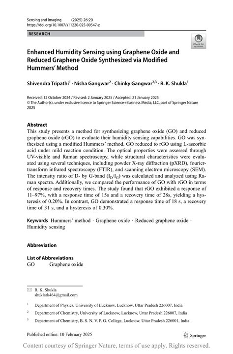 Enhanced Humidity Sensing Using Graphene Oxide And Reduced Graphene Oxide Synthesized Via