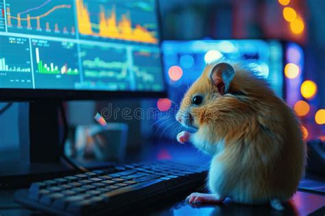 A Hamster On A Keyboard In Front Of A Computer Screen With Graphs