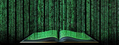 An Open Book Lies Against A Backdrop Of A Digital Matrix Code