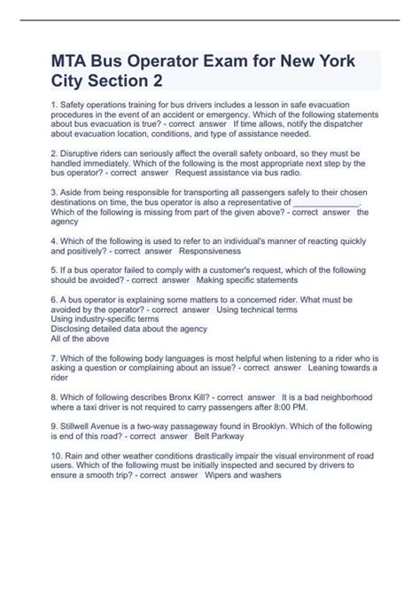 Mta Bus Operator Exam For New York City Section 2 Question And Answers Correctly Solved 2023