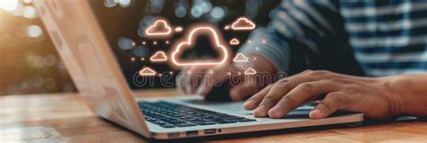 Hands Working On Laptop With Glowing Cloud Icons Concept Of Cloud Computing And Data Storage