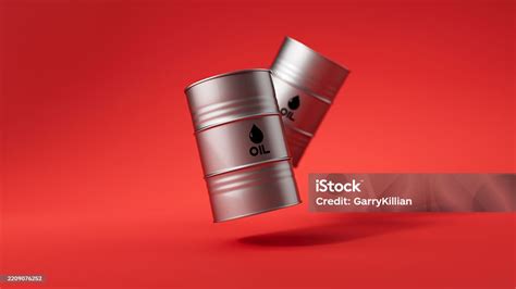 빨간 배경에 떠 있는 두 개의 은색 금속 기름통 그림자가 있는 정면도 떨어지는 연료 탱크 석유 산업 개념 3d 렌더링 일러스트레이션 3차원 형태에 대한 스톡 사진 및 기타