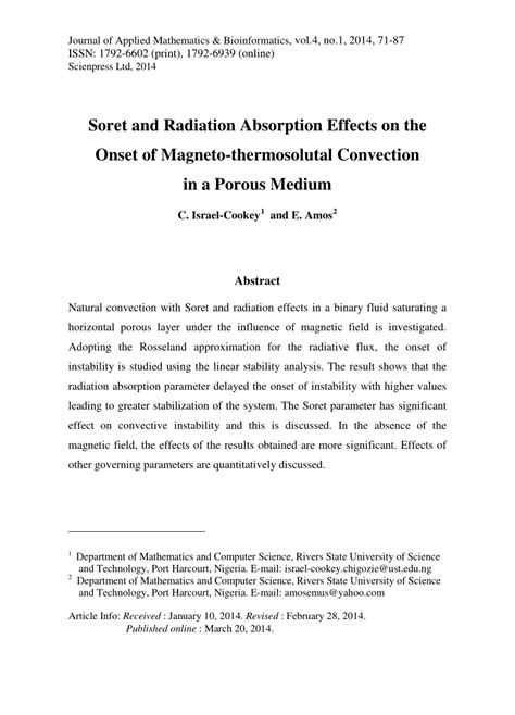 Pdf Soret And Radiation Absorption Effects On The Onset Of Magneto