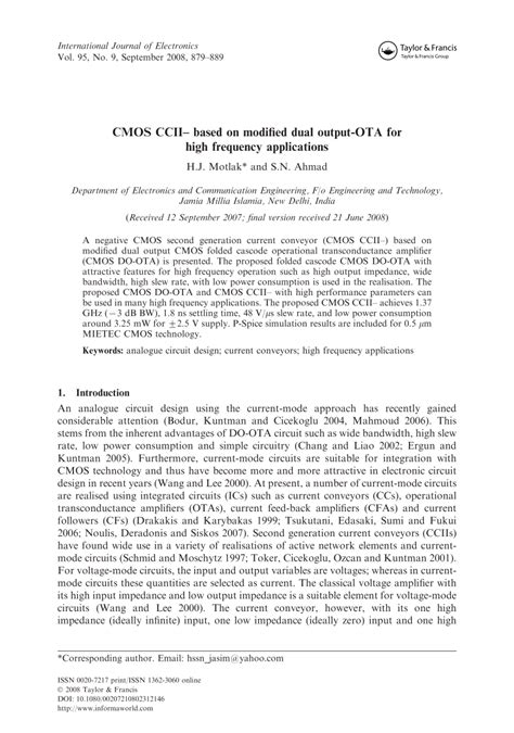 Pdf Cmos Ccii Based On Modified Dual Output Ota For High Frequency Applications