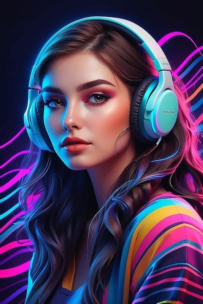 Premium Photo Fashion Pretty Woman With Headphones Listening To Music Over Color Neon Waves