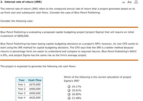 Solved The Internal Rate Of Return Irr Refers To The Co