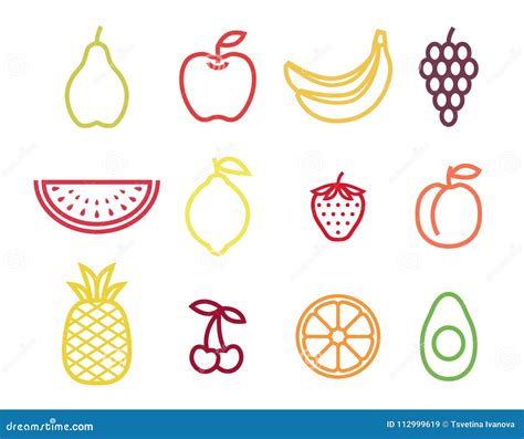 Colorful Outline Fruit Icon Set Fruits Icons In Color Stroke Stock Vector Illustration Of