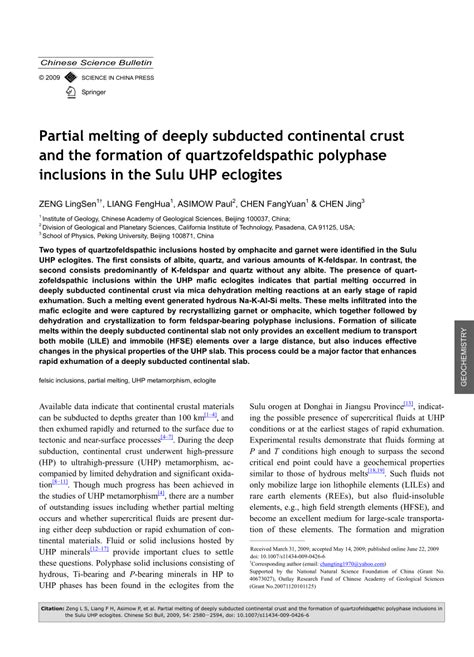 Pdf Partial Melting Of Deeply Subducted Continental Crust And The Formation Of