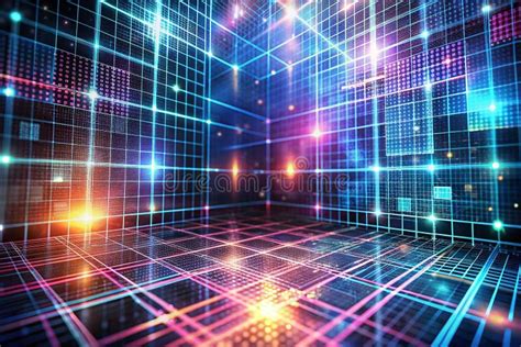 Futuristic Digital Grid Room Glowing Lines Data Network Server Room Stock Illustration