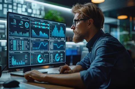 man analyzing data on multiple computer screens in a modern office