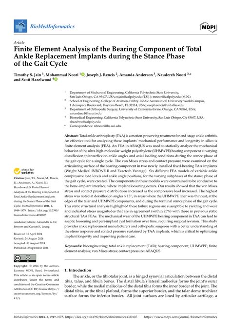 Pdf Finite Element Analysis Of The Bearing Component Of Total Ankle