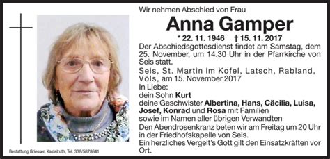 Traueranzeigen Von Anna Gamper Trauer Bz