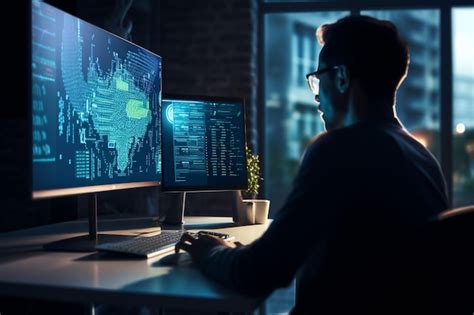 Premium Photo Software Developer And A Man At Computer For Coding Script Or Cyber Security In