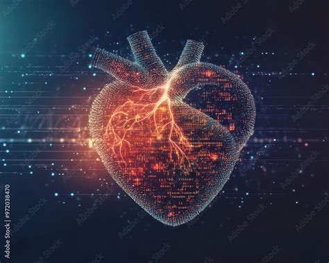 Anatomical Heart With Digital Veins Transforming Into Binary Code Fusion Of Biology And