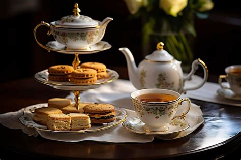 Premium Ai Image Classical Served Tea Table With Biscuits Generative Ai