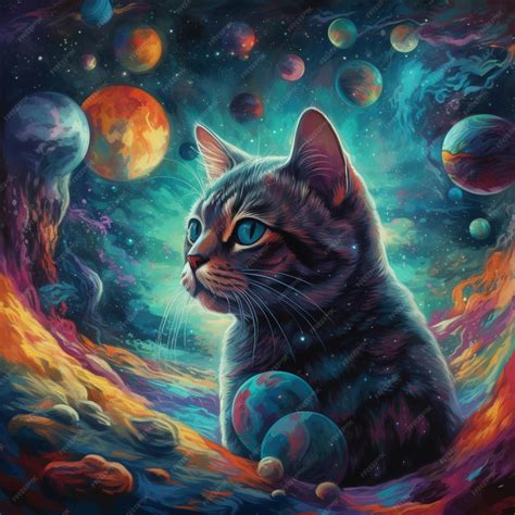 Premium Ai Image A Cat Is Sitting In A Space With Planets In The