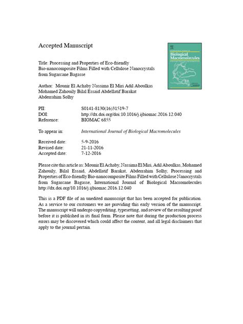 Processing And Properties Of Eco Friendly Bio Nanocomposite Pdf