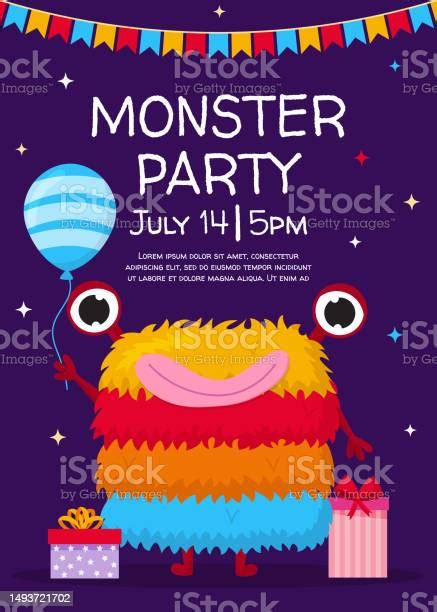 벡터 몬스터 파티 생일 축하 포스터 템플릿입니다 재미있는 외계인 괴물은 장식 선물을 축하하고 보라색 배경에 풍선을 들고 있다 A4 배경 전단지 브로셔 이벤트 엽서 몬스터에