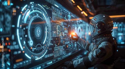 Astronaut Using Advanced Control Systems Astronaut In A High Tech Suit Using Advanced Control
