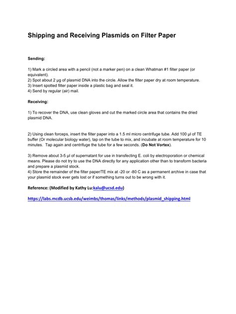 Shipping And Receiving Plasmids On Filter Paper Pdf