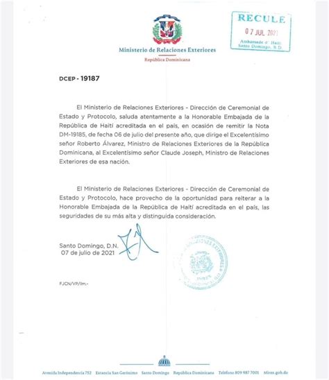 Comunicación Oficial Del Canciller Dominicano Al Canciller Haitiano El