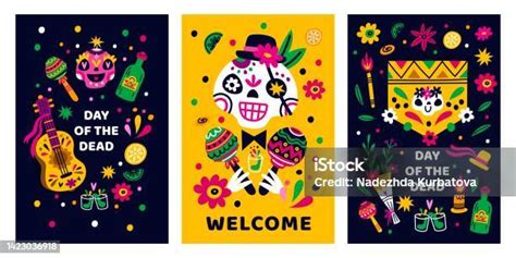 멕시코 휴일 죽음의 파티 포스터 죽은 날 라틴계 스타일 요소 전통 축제 뮤에르토스 카니발 설탕 두개골과 데킬라 화려한 벡터 만화 초대장 카드 세트 La Calavera