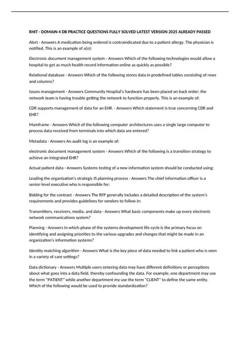 Rhit Domain 4 Db Practice Questions Fully Solved Latest Version 2025 Already Passed Rhit