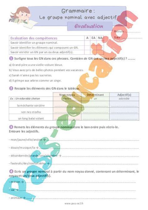 Le Groupe Nominal Avec Adjectif Évaluation Grammaire Pour Le Ce2 Pdf à Imprimer Par Pass