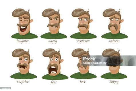 콧수염 남자 문자 식 집합입니다 웃음 분노 의심 슬픔 놀람 두려움 사랑 행복 개체 그룹에 대한 스톡 벡터 아트 및 기타 이미지 개체 그룹 남성 남자 Istock