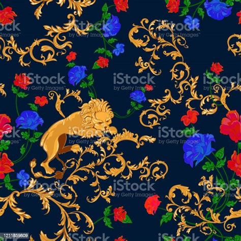 사자 체인 꽃과 바로크 원활한 패턴 프린트를 위한 벡터 플로럴 패치 스카프에 대한 스톡 벡터 아트 및 기타 이미지 스카프