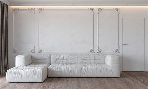 소파 벽 몰딩 천장 백라이트 나무 바닥 문과 커튼 현대 고전적인 흰색 인테리어 3d 렌더링 그림 이랑 모던 양식에 대한 스톡 사진 및 기타 이미지 Istock