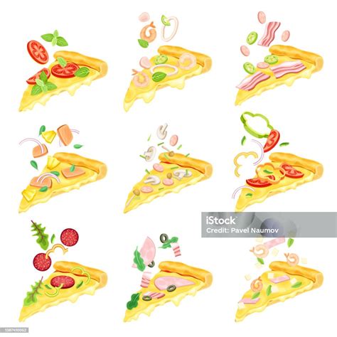 다양한 재료 벡터 일러스트와 피자의 맛있는 신선한 뜨거운 조각 고추류에 대한 스톡 벡터 아트 및 기타 이미지 고추류 슬라이스 양파 Istock