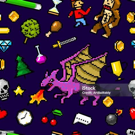 픽셀 아트 8 비트 개체 완벽 한 패턴입니다 복고풍 게임 자산입니다 아이콘의 집합입니다 빈티지 컴퓨터 비디오 아케이드입니다