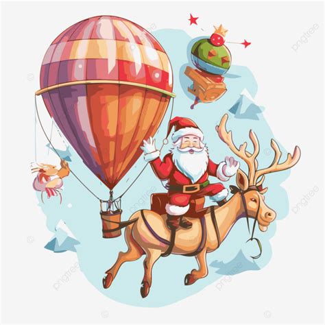 비행 산타와 순록 벡터 순록과 열기구 만화에 산타 클로스 스티커 클립 아트 상표 클립 아트 Png 일러스트 및 벡터 에