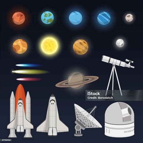 큰 태양계 우주 왕복선 일러스트 레이 션 및 천문학 관측소의 과학 배경 개체 설정 전파 망원경에 대한 스톡 벡터 아트 및 기타 이미지 전파 망원경 개체 그룹 과학