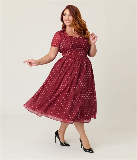 Unique Vintage Plus Size Burgundy And White Swiss Dot Libby Swing Dress