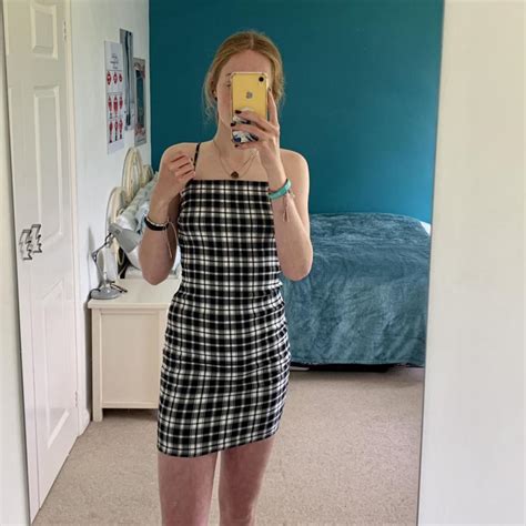 Black And White Checkered Bodycon Dress 152 158cm Depop