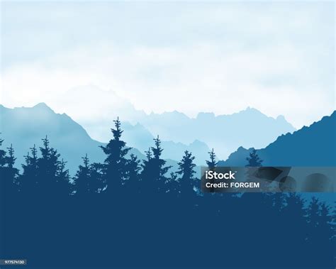 현실적인 그림구름과 푸른 하늘 아래 안개에서 산 풍경에 침 엽 수 숲의 벡터 가을에 대한 스톡 벡터 아트 및 기타 이미지 가을 산 연기 물리적 구조 Istock