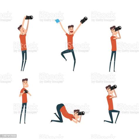 전문 사진 작가 또는 파파라치가 사진 세트를 찍습니다 사진 저널리스트 카메라맨 블로거 또는 기자 촬영 사진 벡터 일러스트 레이 션 남자에 대한 스톡 벡터 아트 및 기타