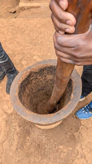 볶은 커피 원두를 나무 유봉으로 갈아대는 풍화된 손 탄자니아 시골 마테루니의 장인 커피 가공 방법을 드러내는 모습 20 29세에 대한 스톡 사진 및 기타 이미지 Istock