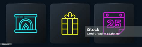 세트 라인 인테리어 벽난로 달력 및 선물 상자 검은 색 사각형 버튼 벡터 가정의 방에 대한 스톡 벡터 아트 및 기타 이미지 가정의 방 검은색 겨울 Istock