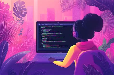 woman coding on a laptop in a colorful and vibrant room premium ai generated image