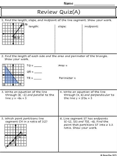Distance Slope Midpoint Area Equations Of Lines Partitioning Assessments
