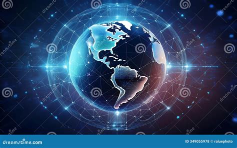 glowing digital globe with network grid visualizing global communication and data flow stock