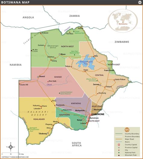 Map Of Botswana With Provinces Cities Roads And National Parks