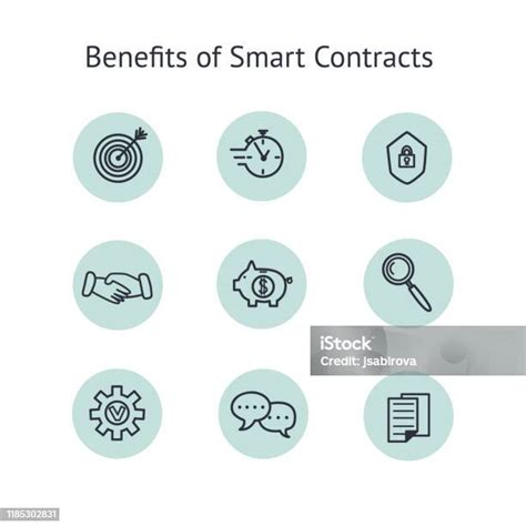 設置智慧合約圖示的好處區塊鏈技術優勢的線藝術元素集合向量圖形及更多互聯網圖片 互聯網 保安 信任 Istock