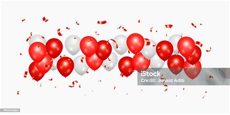 축하 파티 배너 빨간 색 풍선 배경 투명 배경에 파란색과 흰색 풍선 벡터 그림입니다 판매 벡터 일러스트 레이 션입니다 열기구에 대한 스톡 벡터 아트 및 기타 이미지 Istock